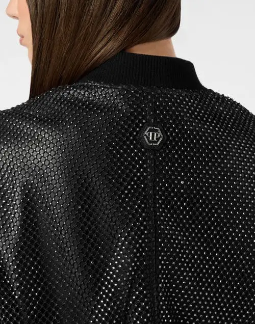 Philipp Plein Leather Crop Bomber Crystal