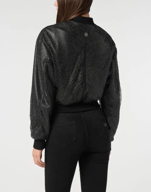 Philipp Plein Leather Crop Bomber Crystal