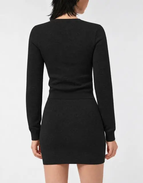 Philipp Plein Jacquard Monogram Merino Wool Cropped Cardigan - Black