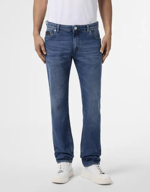 BILLIONAIRE Super Straight Cut Jeans Leather Details - Middleblue