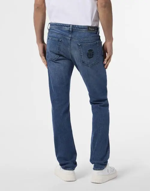 BILLIONAIRE Super Straight Cut Jeans Leather Details - Middleblue