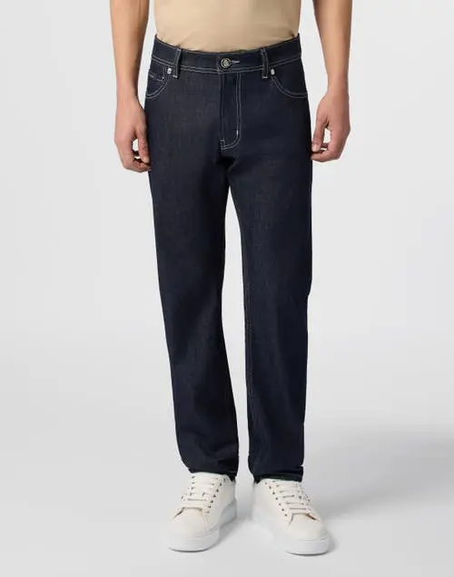 BILLIONAIRE Super Straight Cut Jeans Leather Details - Navy