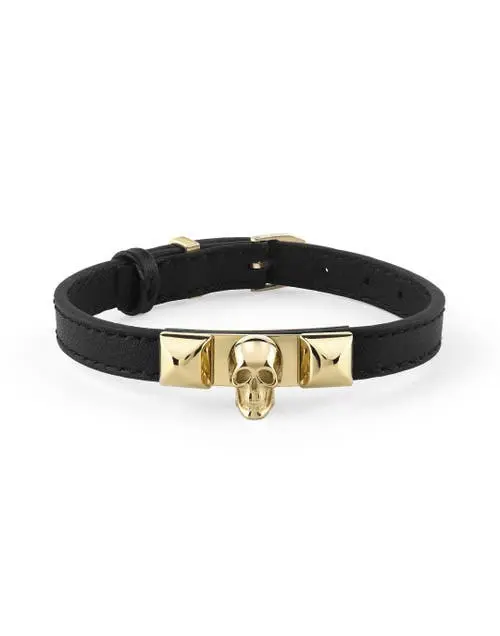 Philipp Plein Leather Skull Bracelet - Black/gold