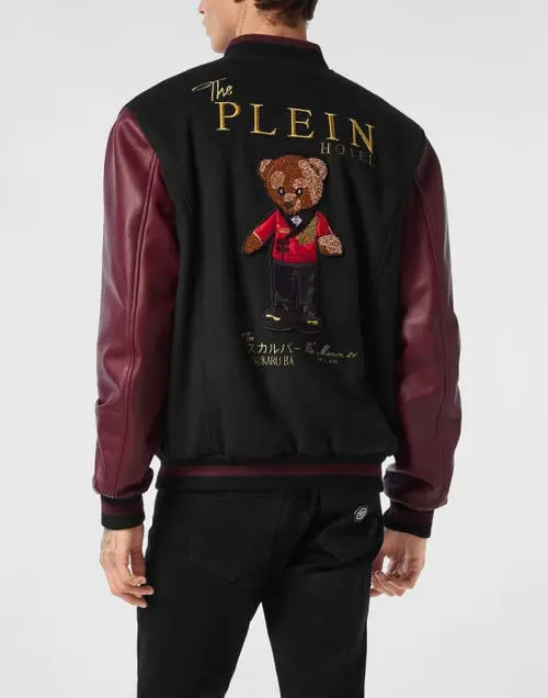 Philipp Plein Leather And Wool Varsity Bomber Jacket Teddy Bear