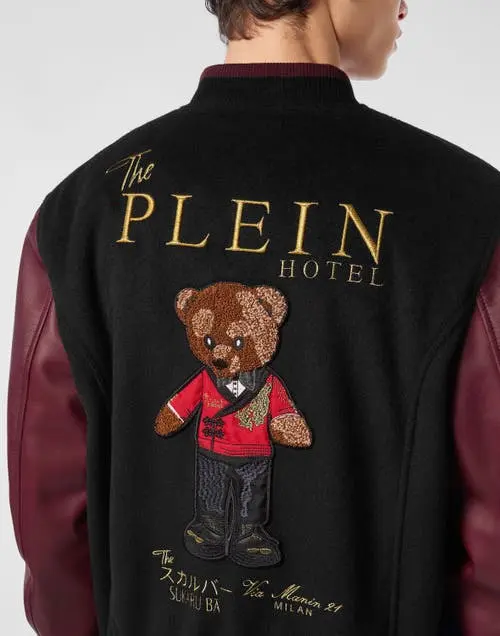 Philipp Plein Leather And Wool Varsity Bomber Jacket Teddy Bear