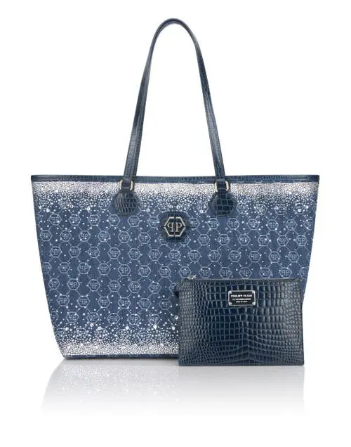 Philipp Plein Denim Shopper Bag Monogram Strass