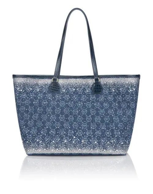 Philipp Plein Denim Shopper Bag Monogram Strass