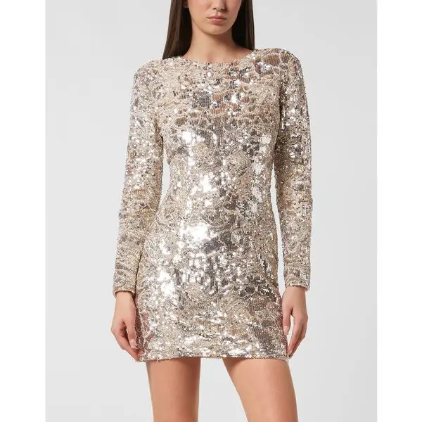 Philipp Plein Embroidered Long-sleeved Mini Dress With Crystal Skull Detail - Beige