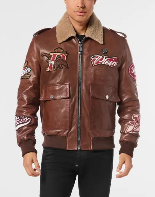 Philipp Plein Nappa Leather And Shearling Aviator Jacket Beers - Brown