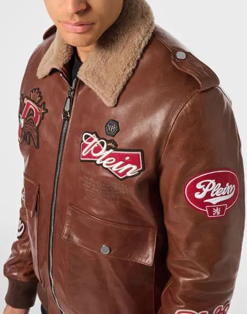 Philipp Plein Nappa Leather And Shearling Aviator Jacket Beers