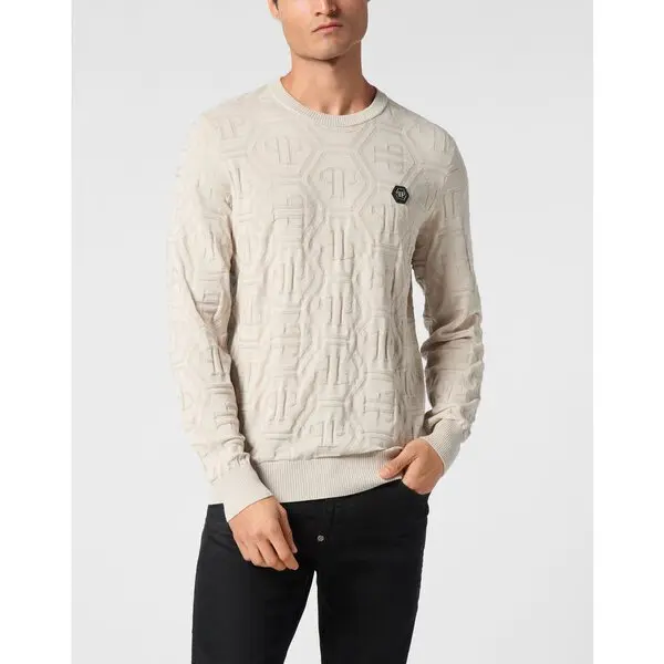 Philipp Plein Jacquard Silk Wool Pullover Round Neck Ls Monogram - Beige