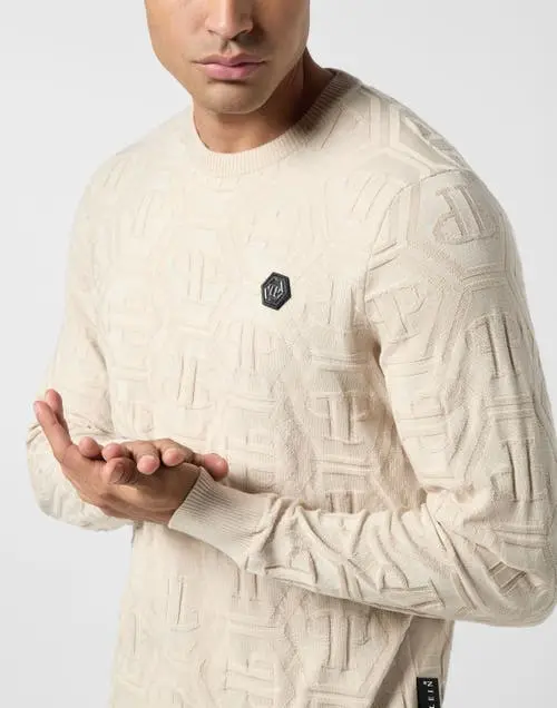 Philipp Plein Jacquard Silk Wool Pullover Round Neck Ls Monogram - Beige