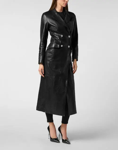 Philipp Plein Double-breasted Leather Long Coat Embossed Signature