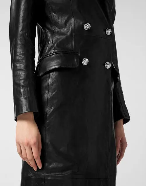 Philipp Plein Double-breasted Leather Long Coat Embossed Signature