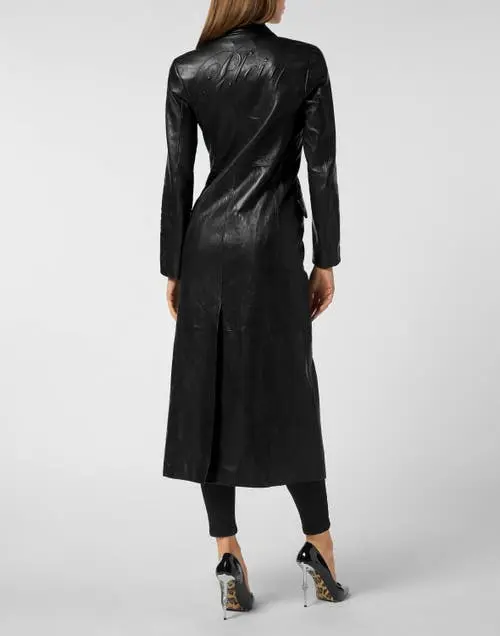 Philipp Plein Double-breasted Leather Long Coat Embossed Signature