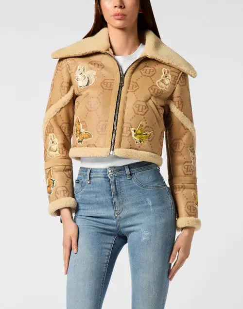 Philipp Plein Cropped Embroidered Leather And Shearling Jacket Monogram - Beige