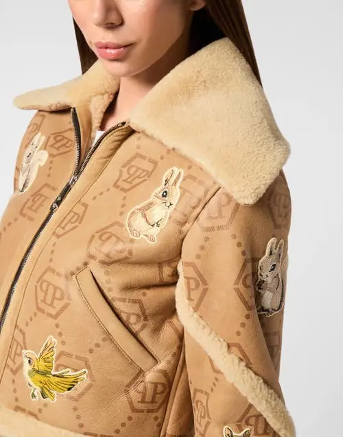 Philipp Plein Cropped Embroidered Leather And Shearling Jacket Monogram