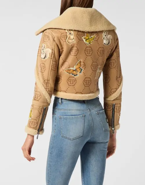 Philipp Plein Cropped Embroidered Leather And Shearling Jacket Monogram