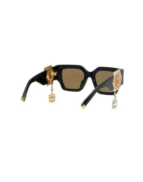 Philipp Plein Square Frame Sunglasses With Logo Chain Detail - Black/gold