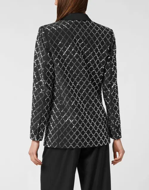 Philipp Plein Wool Blend Blazer With Crystal Rhombus Embellishment