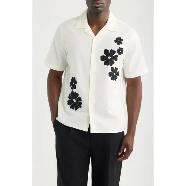 WAX LONDON Didicot Floral Appliqué Cotton & Linen Camp Shirt - Ecru/black