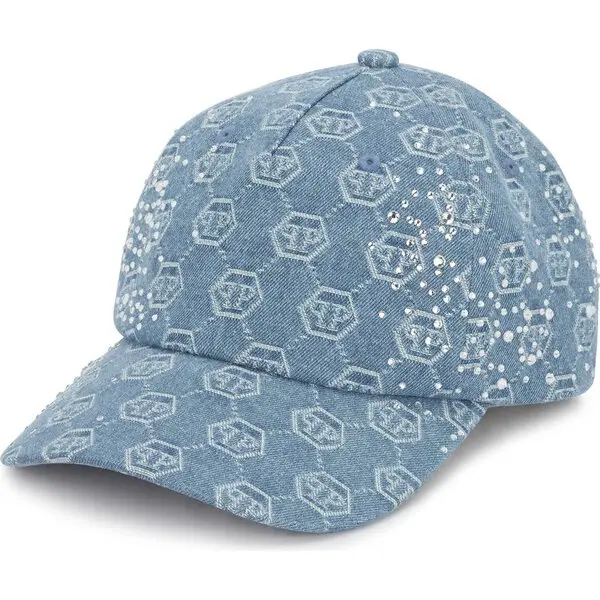 Philipp Plein Denim Baseball Cap Monogram Strass - Lightblue