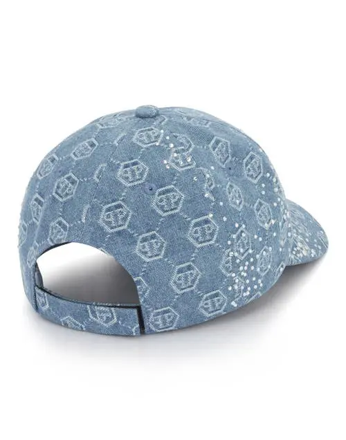 Philipp Plein Denim Baseball Cap Monogram Strass