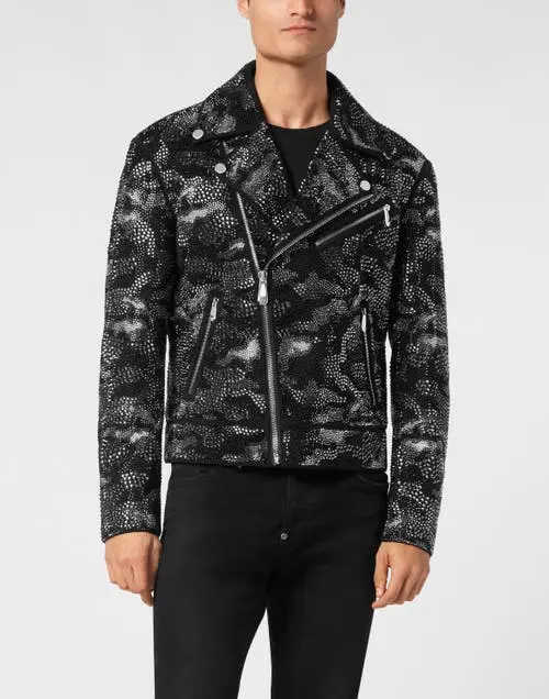 Philipp Plein Strass Leather Biker Jacket Camouflage - Black
