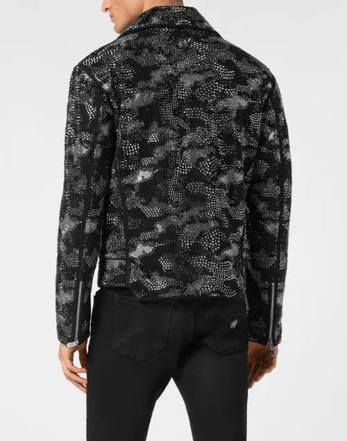 Philipp Plein Strass Leather Biker Jacket Camouflage