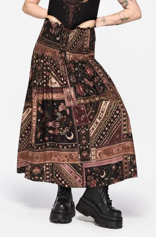 DISTURBIA Nola Folk Patchwork Midi Skirt - Black