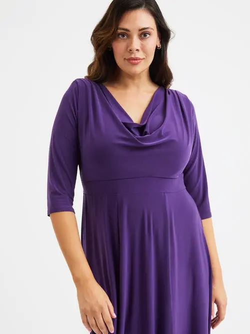 SCARLETT & JO Cowl Neck 3/4 Sleeve Midi Dress - Purple