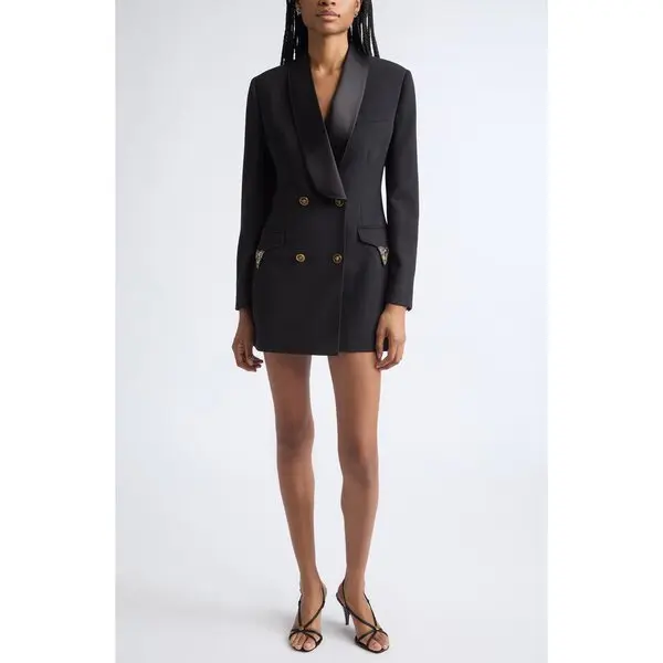 Versace Double-breasted Satin Shawl Collar Stretch Wool Jacket Minidress