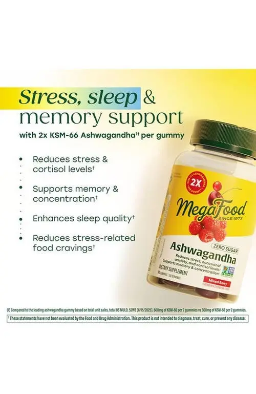 MEGAFOOD Ashwagandha Gummies, Zero Sugar, Clinically Studied Ashwagandha Ksm 66, Vegan