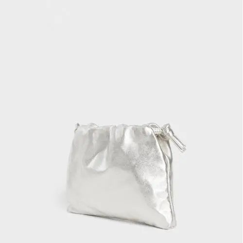LEMIZ Monica Metallic Leather Drawstring Clutch - Silver