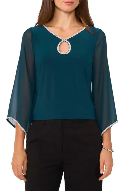 Chaus Rhinestoe Keyhole Chiffon Sleeve Top - Jasper Green