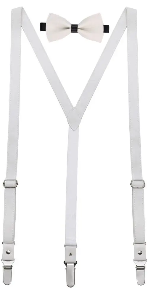 MIO MARINO Genuine Leather Y-back Suspenders & Bow Tie Set - Suede Cream