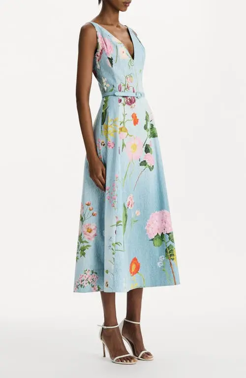 Oscar De La Renta Botanical Belted Poplin Midi Dress