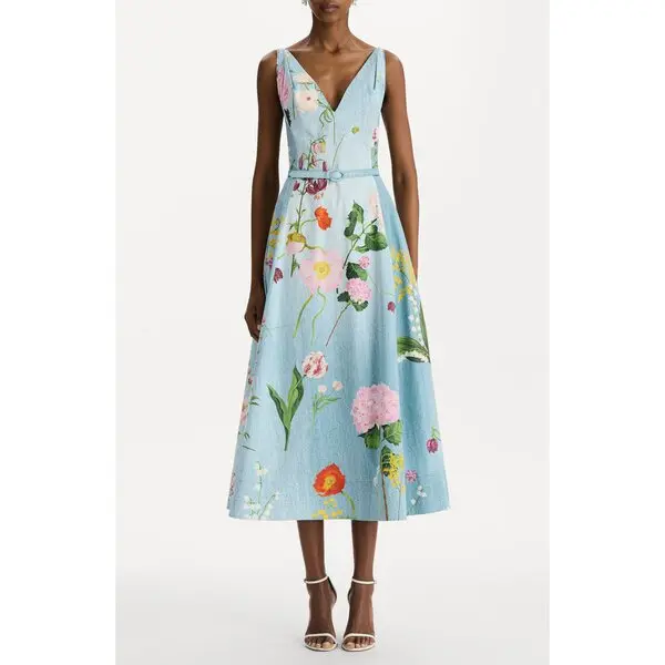 Oscar De La Renta Botanical Belted Poplin Midi Dress - Blue Multi