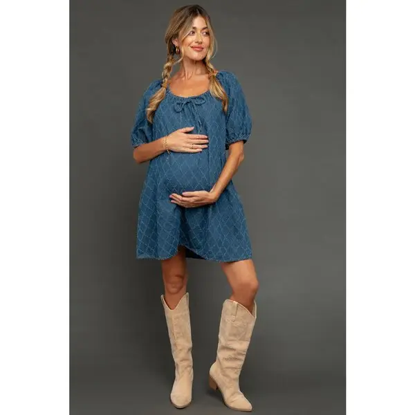 PINKBLUSH Chambray Jacquard Puff Sleeve Mini Dress - Navy Blue