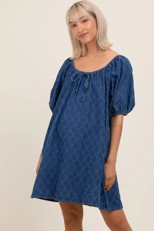 PINKBLUSH Chambray Jacquard Puff Sleeve Mini Dress