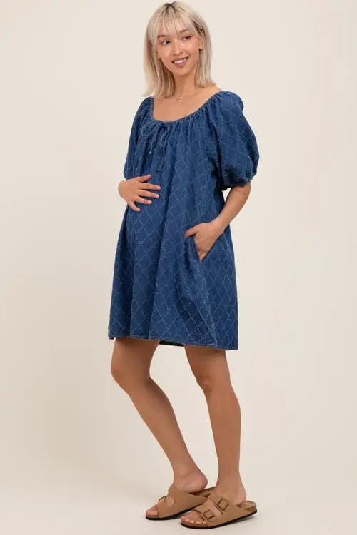 PINKBLUSH Chambray Jacquard Puff Sleeve Mini Dress