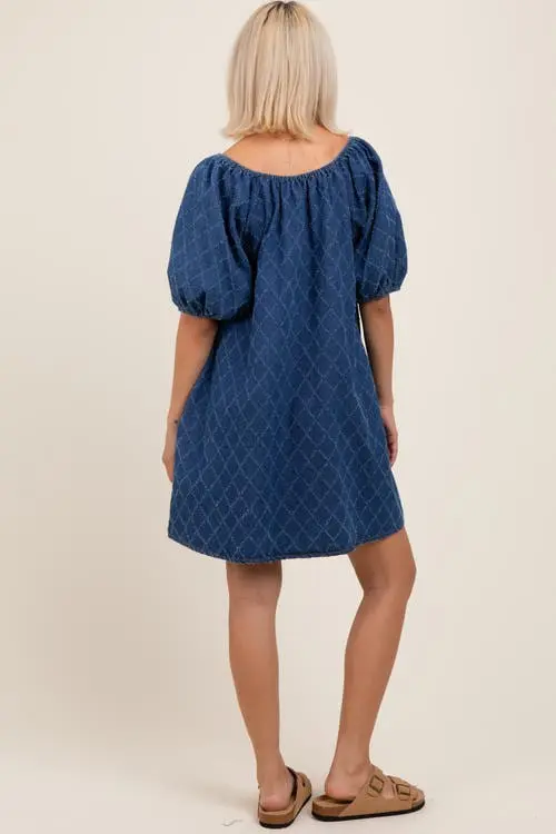 PINKBLUSH Chambray Jacquard Puff Sleeve Mini Dress
