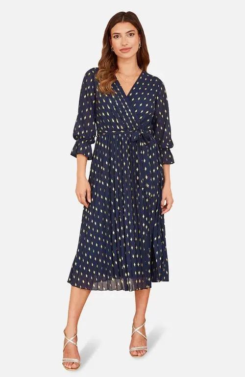 YUMI Wrap Foil Pleated Midi Dress - Navy