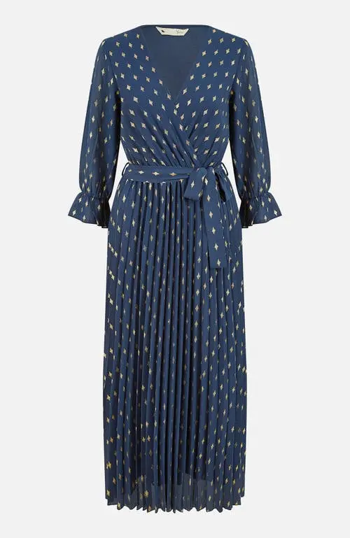 YUMI Wrap Foil Pleated Midi Dress