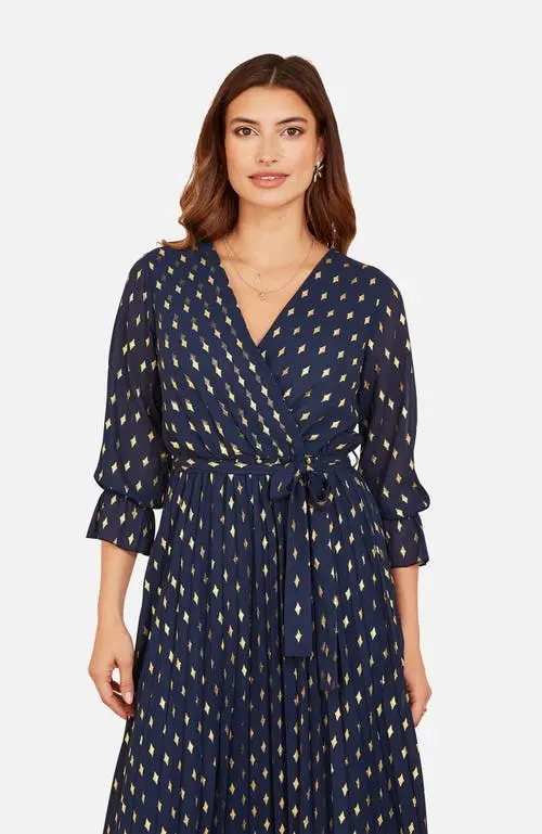 YUMI Wrap Foil Pleated Midi Dress