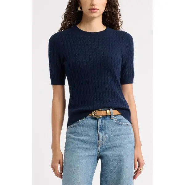 Nordstrom Cashmere Mini Cable Knit Sweater Tee - Navy Night