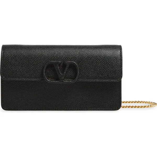 Valentino Garavani Vlogo Signature Leather Wallet On A Chain - Black