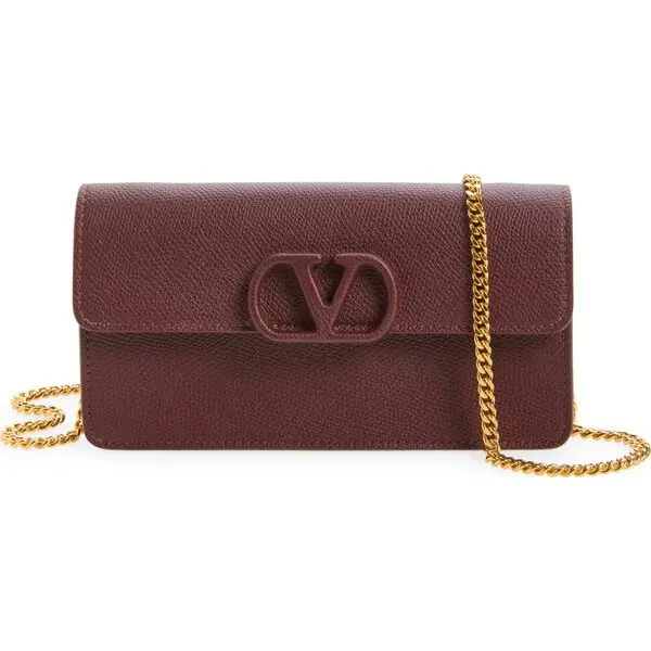 Valentino Garavani Vlogo Signature Leather Wallet On A Chain - Maroon