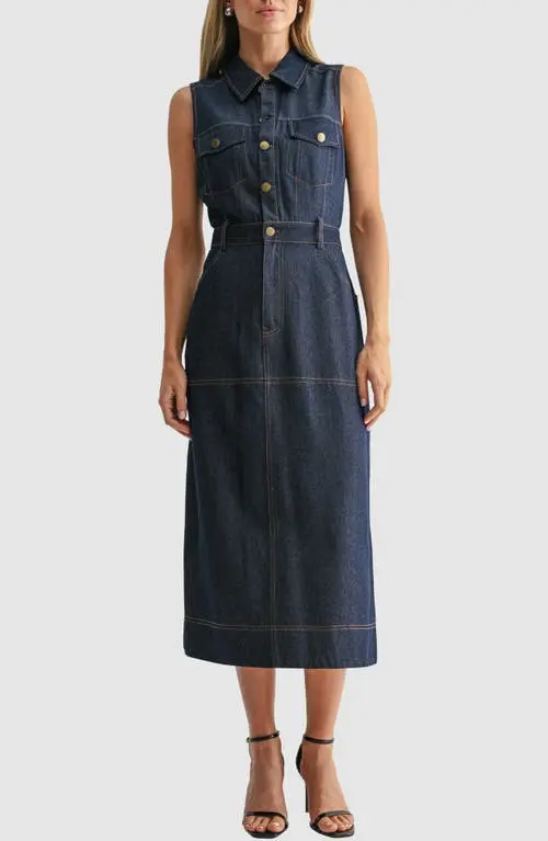 QUINCY MAE Sleeveless Cotton Blend Denim Utility Dress - Dark Denim