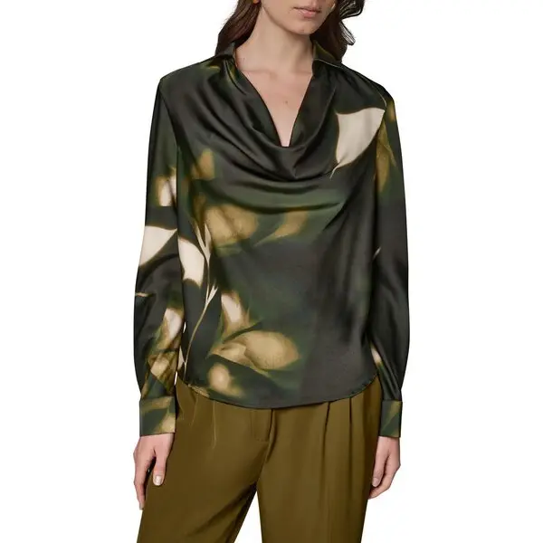 Donna Karan New York Printed Cowl Neck Satin Top - Olive Brine